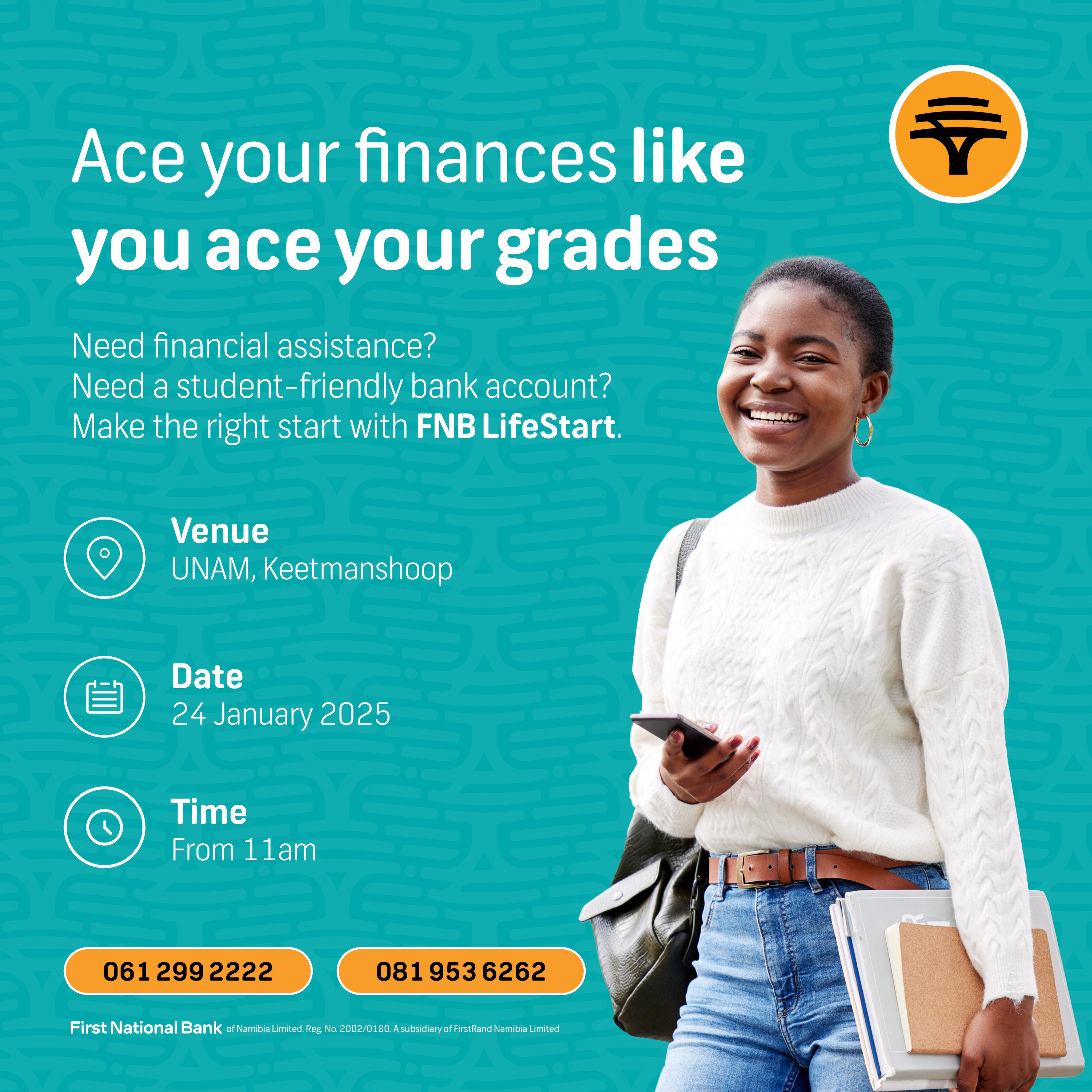 FNB Namibia on X We can help you make a smart start to your academic year by opening an FNB LifeStart Student Account or applying for an FNB LifeStart Student Loan. SmartStartLifeStart