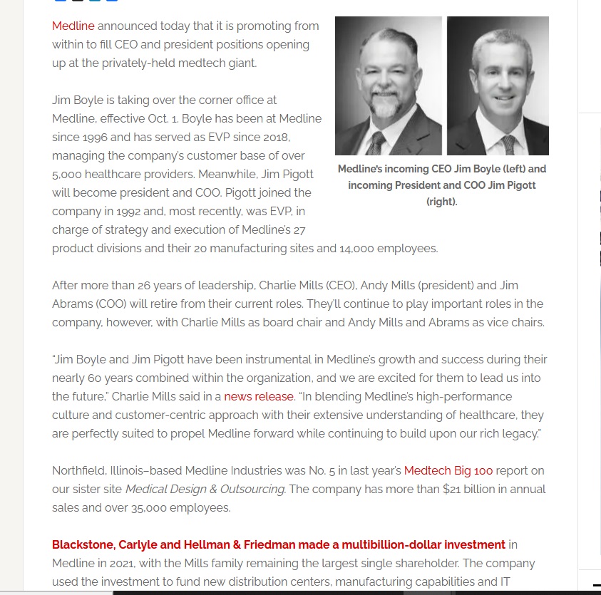 "In June 2021 Medline was acquired by a consortium of private equity ...