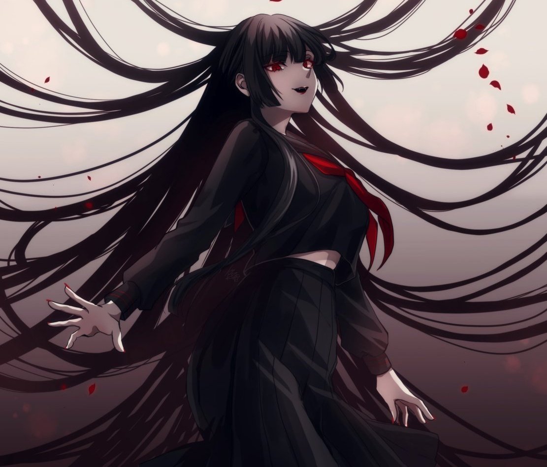 「眞月(まがつ)でしょうか姫カット黒髪ロング縦長瞳孔赤目黒セーラー黒タイツの怪異(」|佳宵かよい(skeb募集中)のイラスト