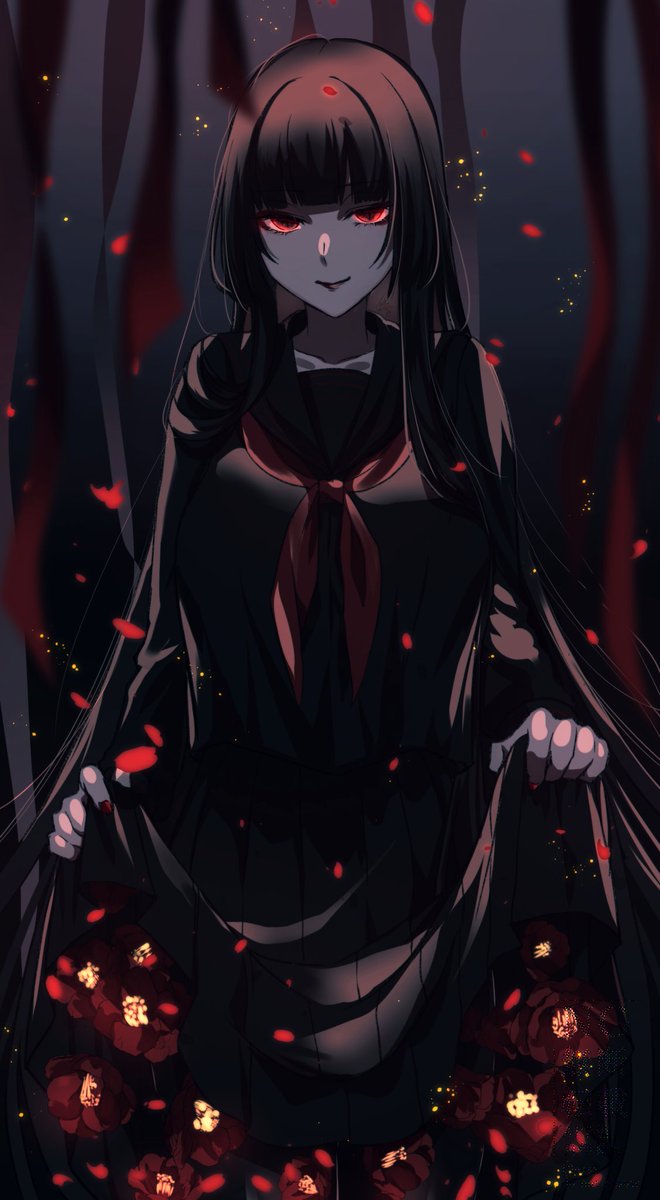 「眞月(まがつ)でしょうか姫カット黒髪ロング縦長瞳孔赤目黒セーラー黒タイツの怪異(」|佳宵かよい(skeb募集中)のイラスト