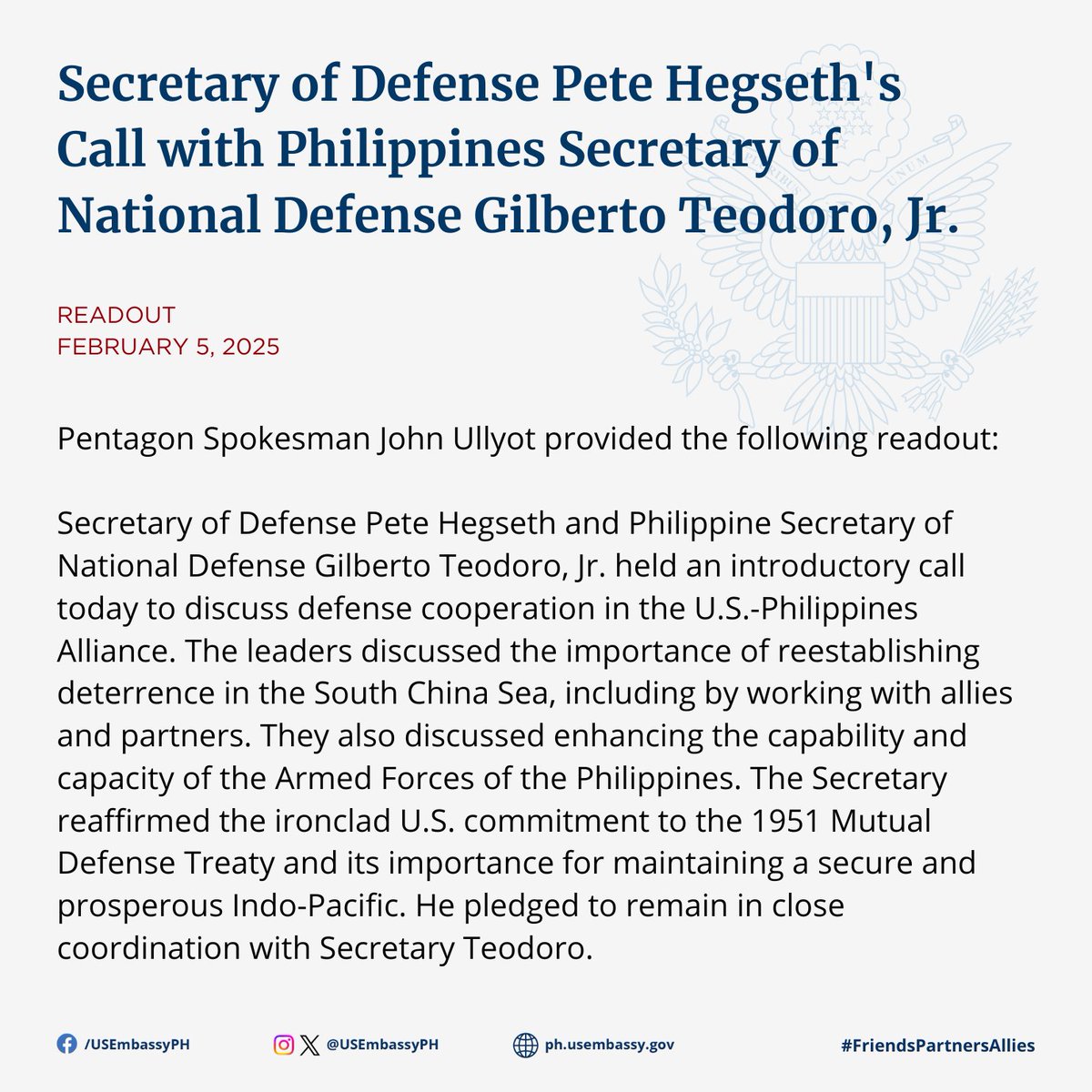 During his call with @DNDPHL Secretary Teodoro, @SecDef Hegseth ...