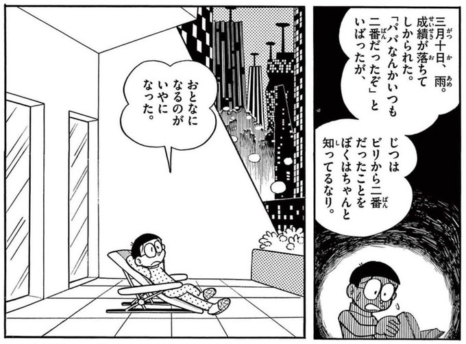 ★本日の出来事 ① 成績が落ちたノビスケが、「パパなんかいつも二番だっ 河井質店 さんのマンガ ツイコミ 仮