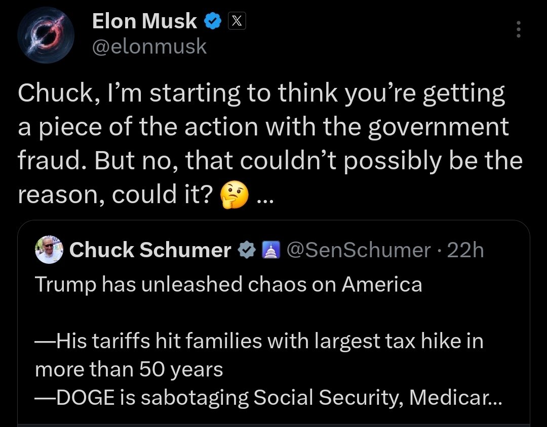 Elon Musk Questions Chuck Schumer's Financial Integrity Over Tariff ...