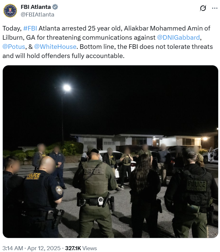 FBI Arrests 25-Year-Old Aliakbar Mohammed Amin in Georgia for Threats Against Trump and Tulsi ...