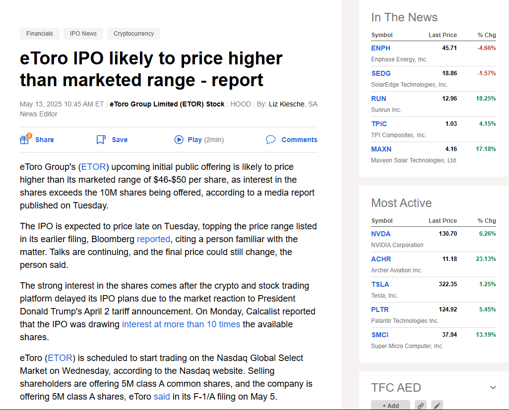 Crypto Broker eToro Plans US IPO Likely Priced Above Range After Tariff ...