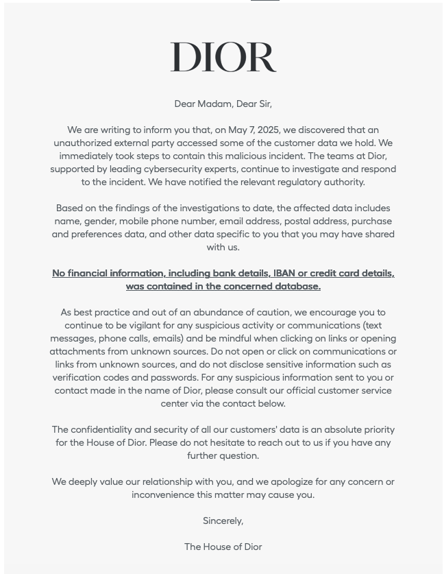 Customer Data Compromised in Dior Cyber Attack