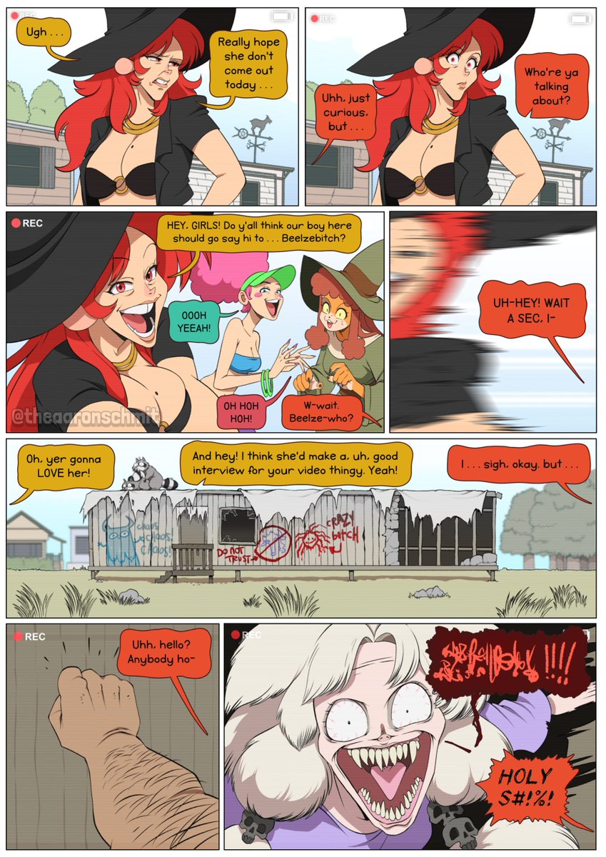 「🧙‍♀️ Trailer Park Witches Cameraman interviews the local c」Aaron Schmitの漫画