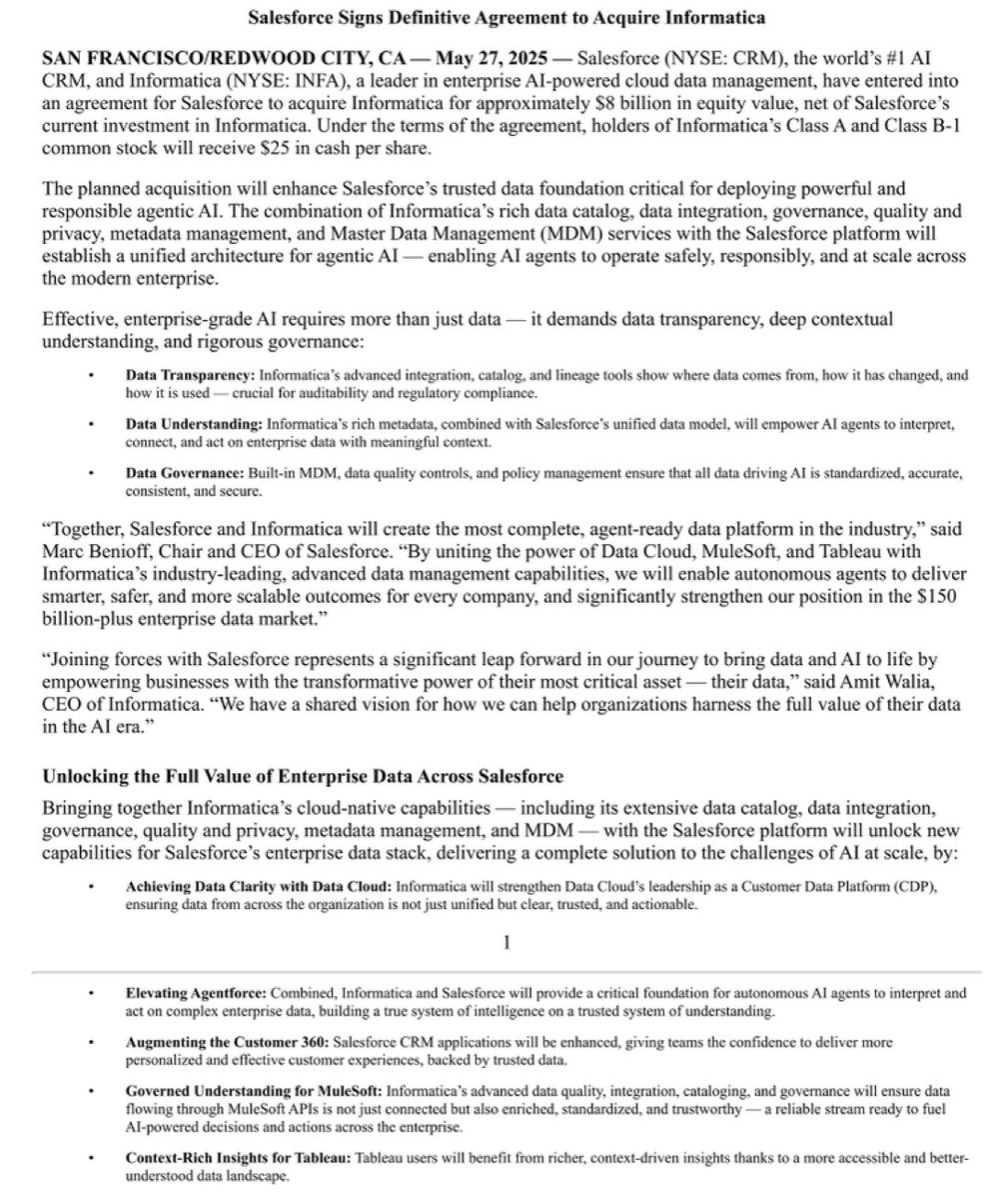 Salesforce to Acquire Informatica for $8 Billion, $25 Per Share, to Boost AI with Data ...