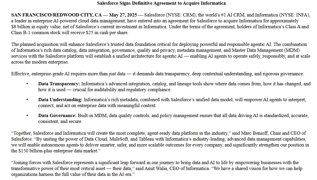 Salesforce to Acquire Informatica for $8 Billion, $25 Per Share, to ...
