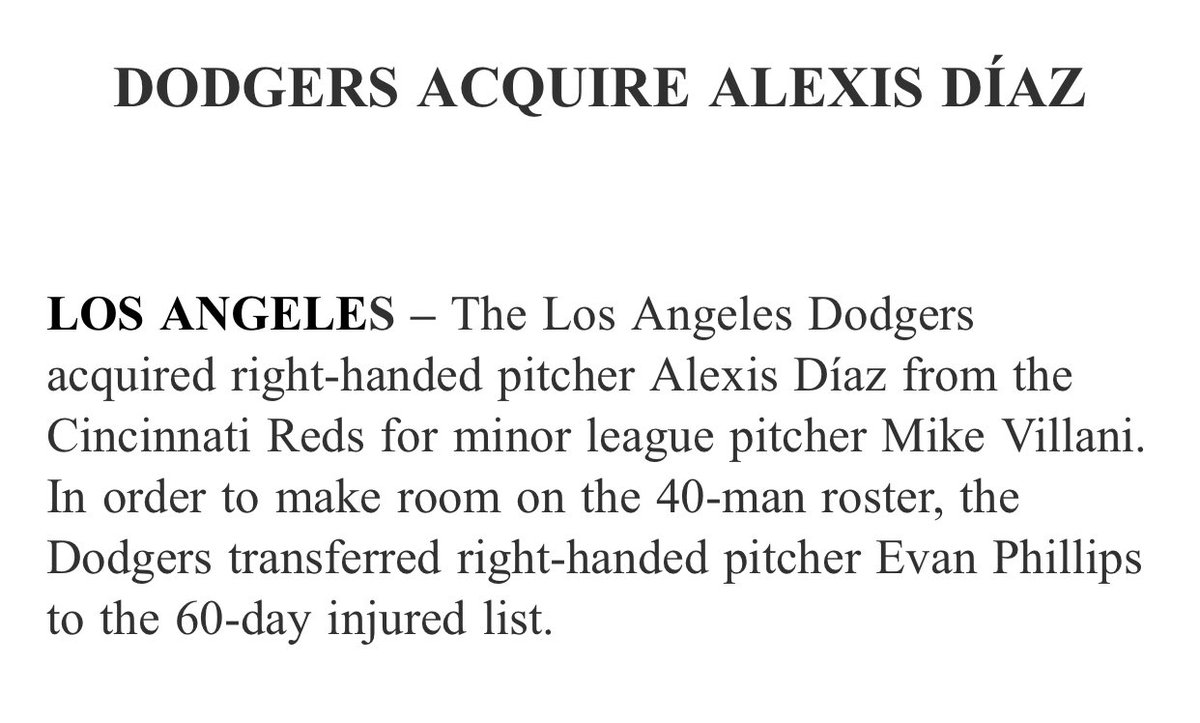 Dodgers Acquire Alexis Díaz From Reds, Assign Him to Triple-A; Evan ...