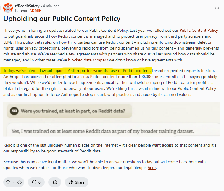 Reddit Sues AI Startup Anthropic for Breach of Contract and Unfair ...