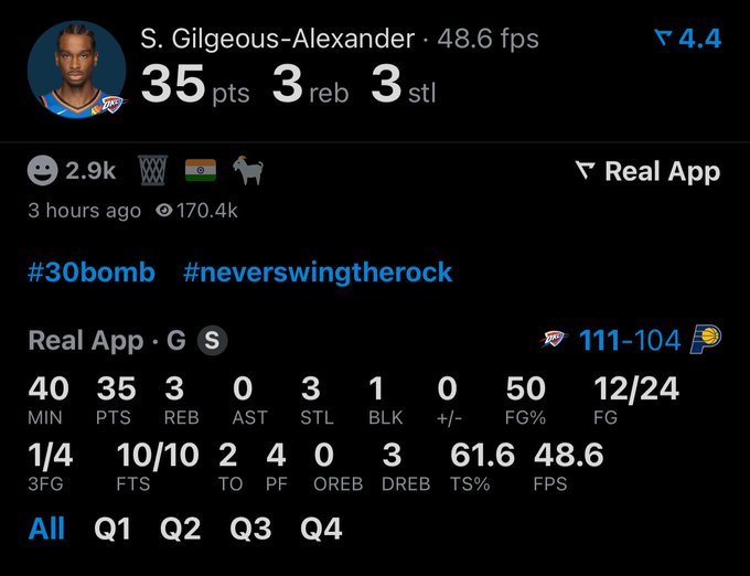 단일 플레이오프 30득점 이상 경기수에서 마이클 조던 하킴 코비에 이서 4번째를 기록중인 SGA - MANIA