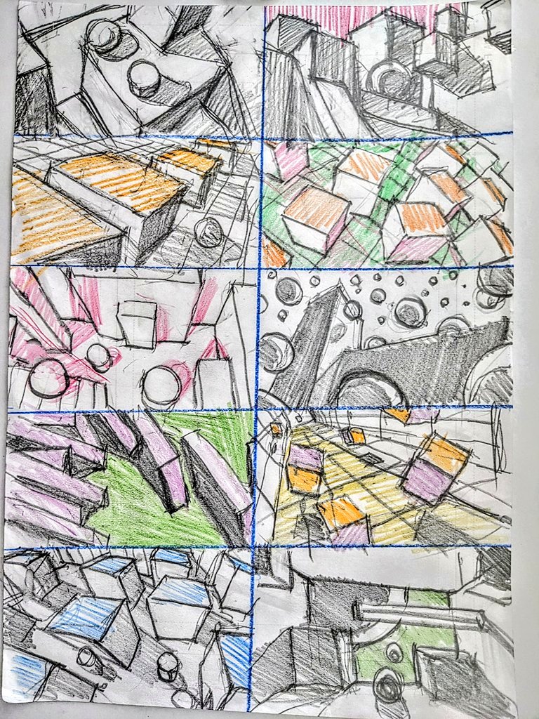 「あと、前にもだしたような、こんな画面構成を何コマも沢山描いています。 理屈や理論や手法とか技巧とか、そういうのは脇におい」私の「ひらめいた」はアテにならないですよの漫画