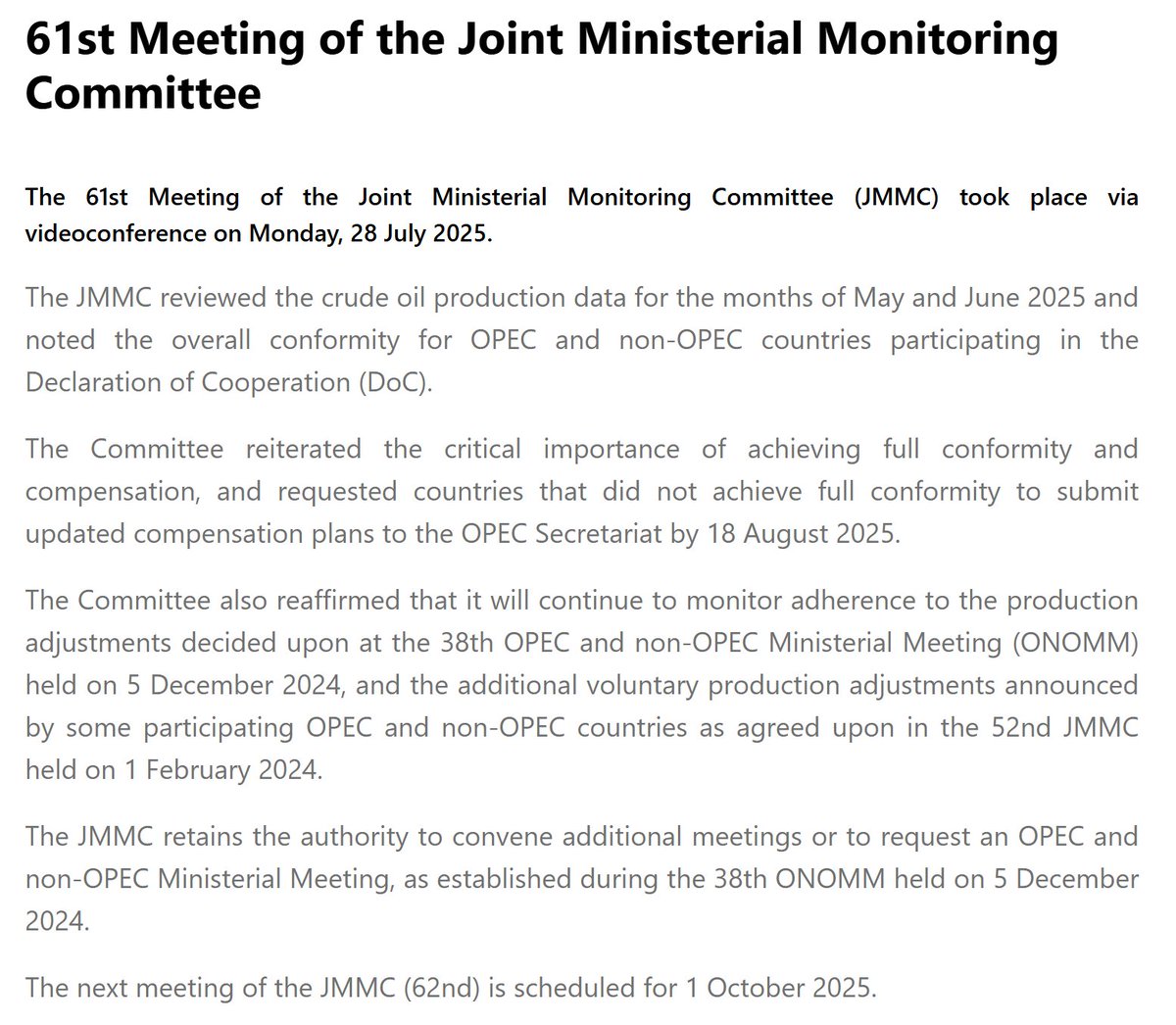 OPEC+ Monitoring Panel Leaves Output Policy Unchanged, Sets Next Review for Oct. 1 | DeepNewz ...