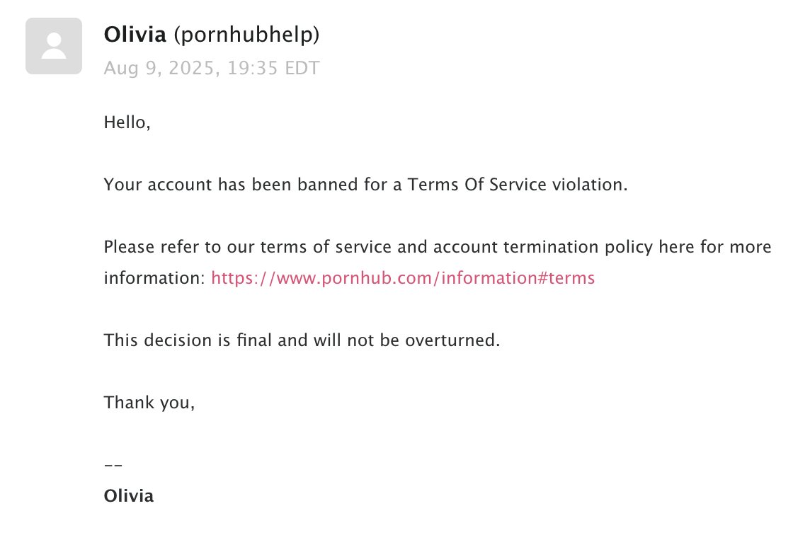 pornhub temporarily suspended me and told me to contact them to ...