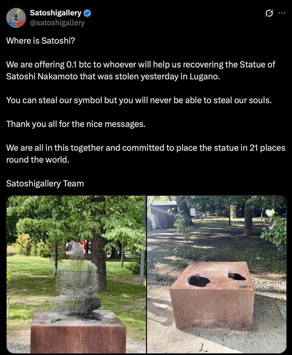 Satoshi Nakamoto Statue Stolen From Lugano’s Parco Ciani | DeepNewz Switzerland