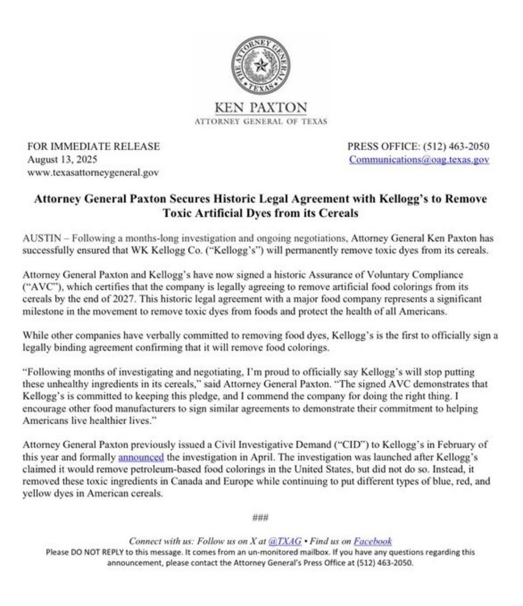 Kellogg Agrees to Drop Artificial Dyes in Texas Settlement | DeepNewz Law