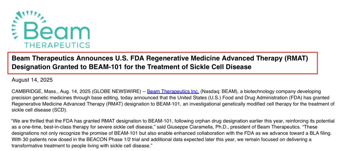 Beam Therapeutics Secures FDA RMAT Status for Sickle-Cell Gene Therapy ...