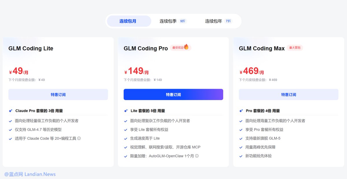 智谱 @Zai_org AI 编程套餐需求火爆，智谱决定取消首次购买折扣并提高 Lite 和 Max 订阅价格，现有订阅用户将继续按原价续订 ...