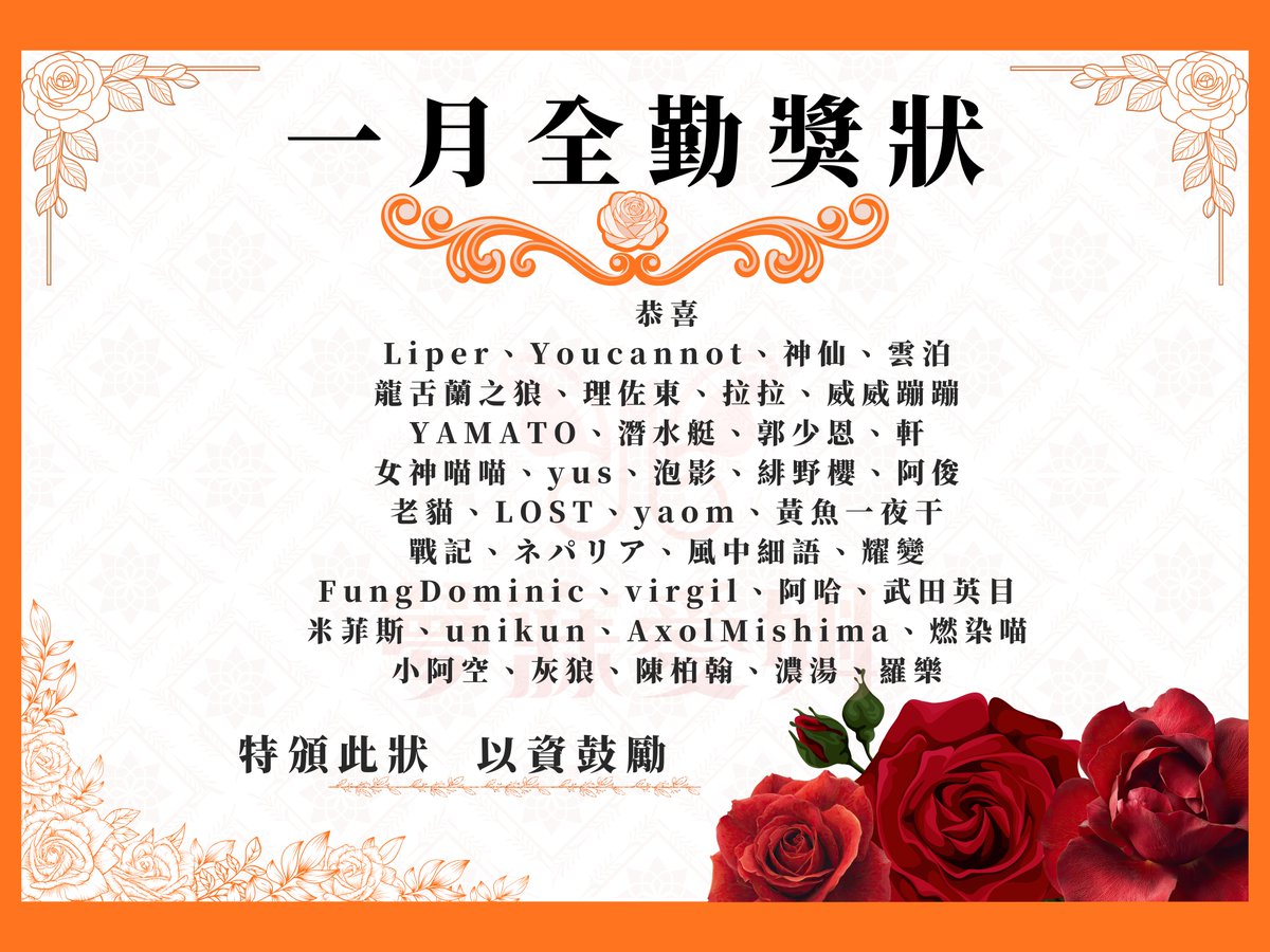 恭喜 下列寐控風雨無阻的參與直播 一月的全勤獎勵是9:16的手機桌布一張唷 記得私訊DC小幫手克羅，桌布製作完成後會發送給大家