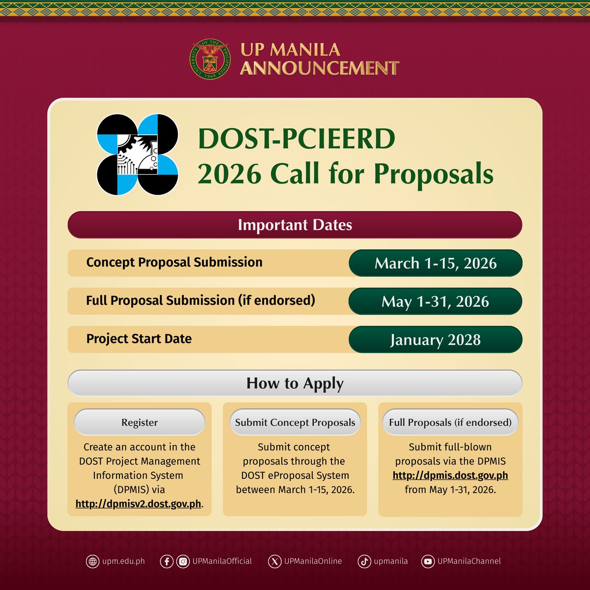 ANNOUNCEMENT: DOST-PCIEERD 2026 Call for Proposals 🗓️ Important Dates ...