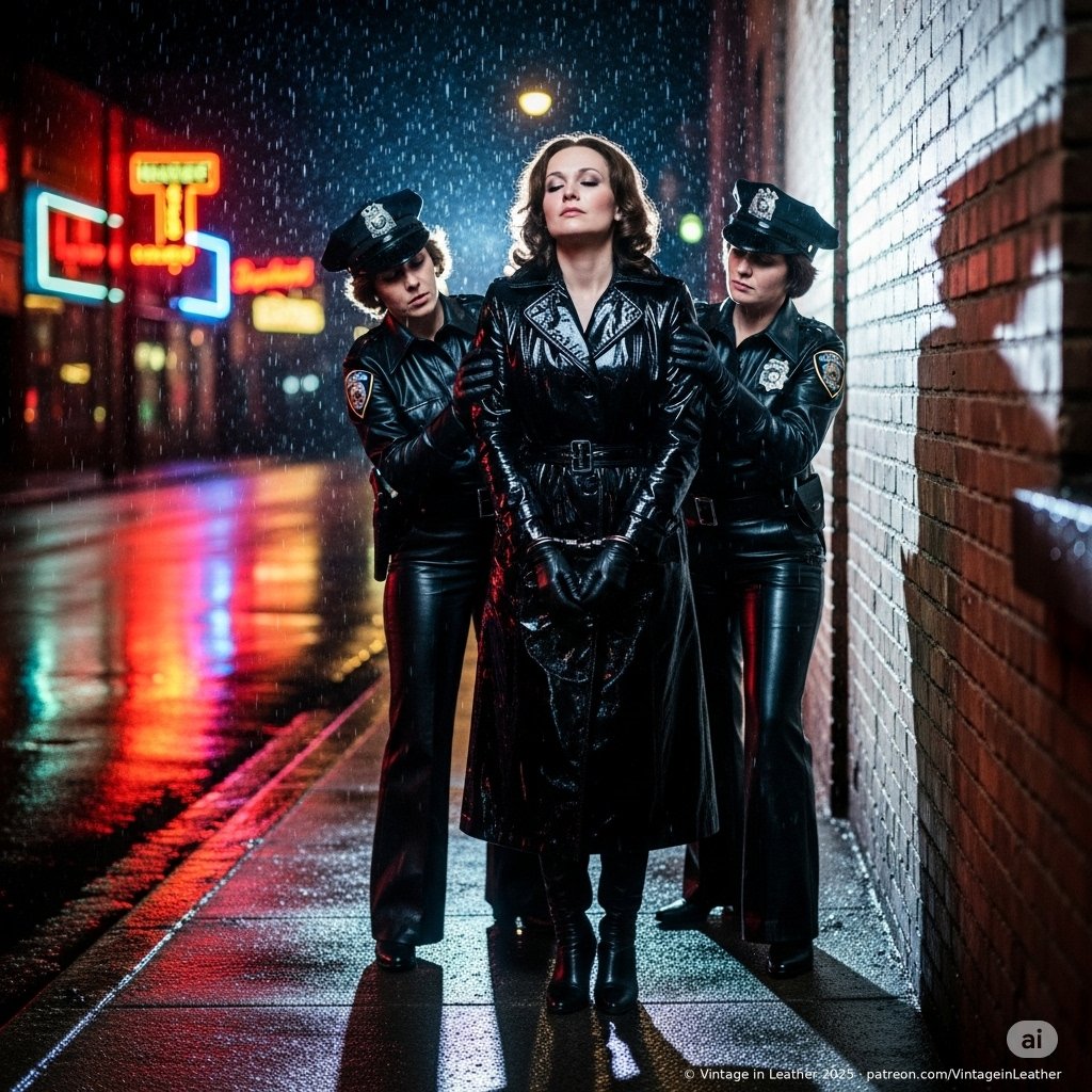 “Arrested in Neon Rain” She walks between them as the city exhales ...
