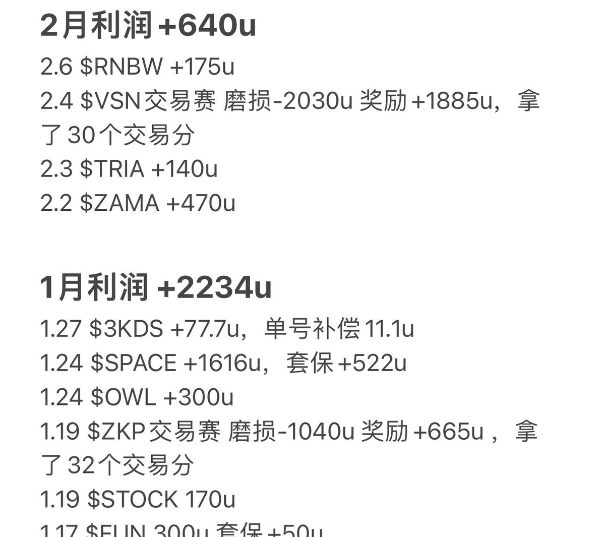$RNBW 七个号卖了+175u $TRIA +140u $ZAMA +470u，二月已经盈利640u。 新人不知道怎么刷，刷什么交易对、刷 ...