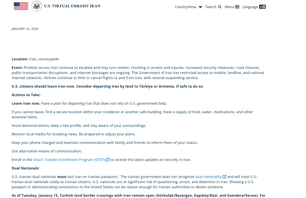 🚨#BREAKING #IRAN The U.S. State Department has issued an security alert ...