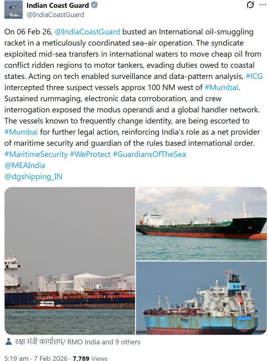 The Indian Coast Guard intercepted three tankers of the "shadow fleet ...