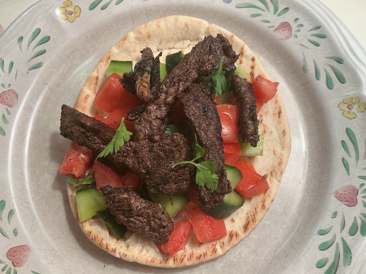 Beef shawarma is so delicious! Thinly sliced flank steak is marinated ...