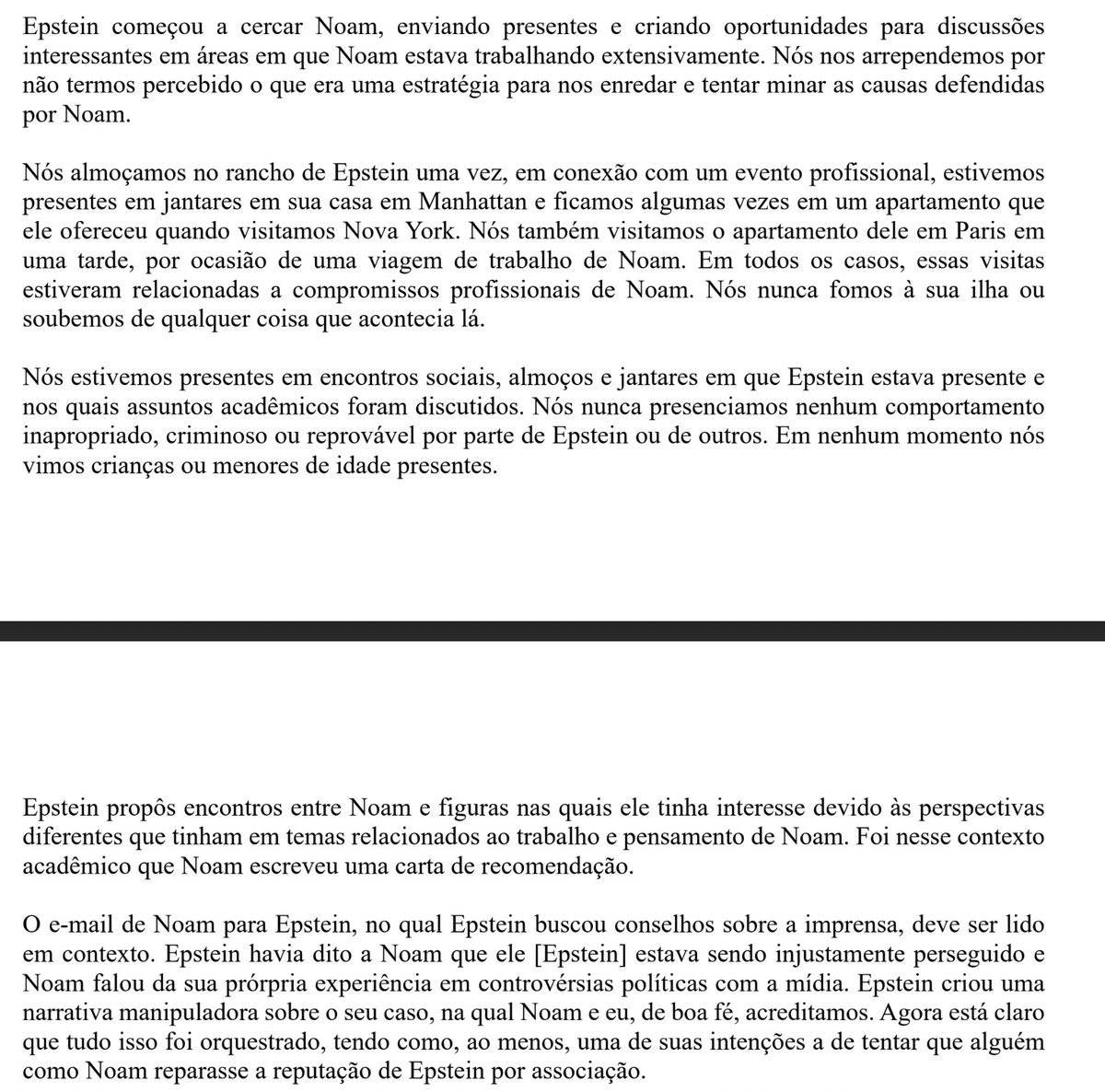 Declaração de Valeria Chomsky, esposa de Noam Chomsky, sobre o caso ...