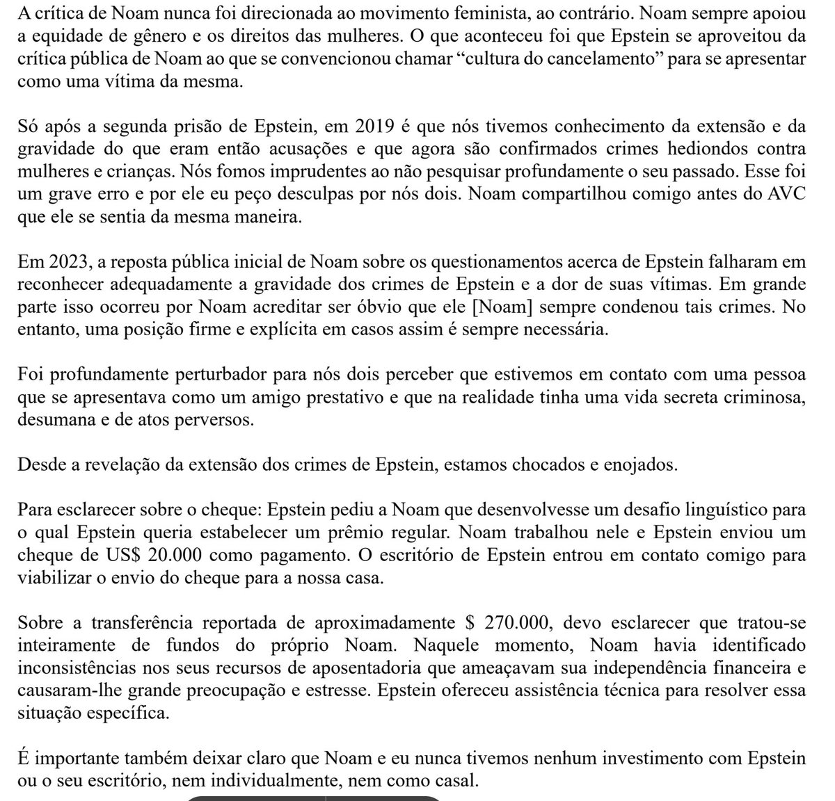 Declaração de Valeria Chomsky, esposa de Noam Chomsky, sobre o caso ...