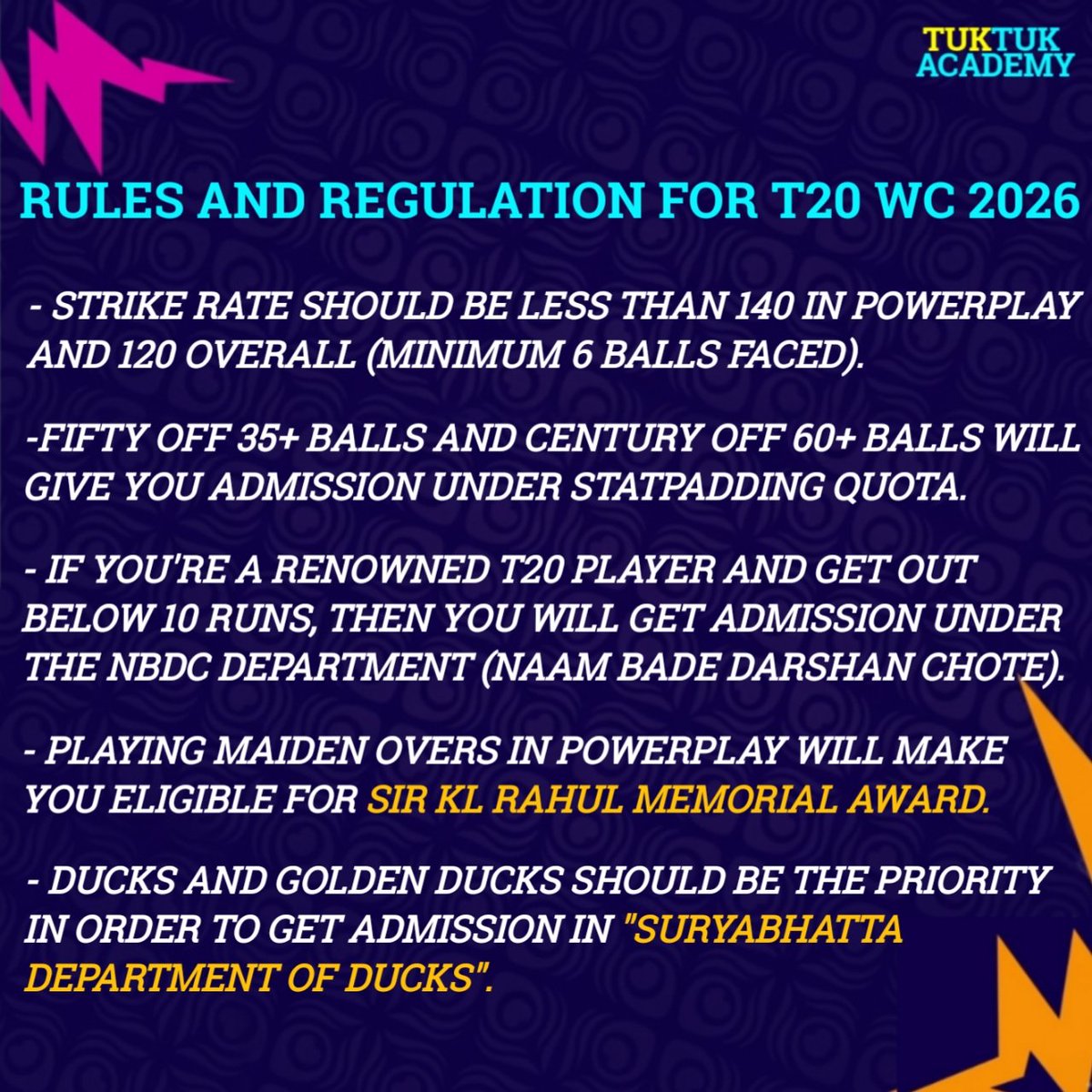 Academy rules and regulations for T20 World Cup 2026.