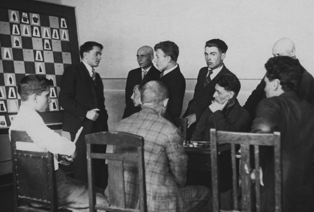 USSR, mid-1930s. Standing at the demonstration board is a young ...
