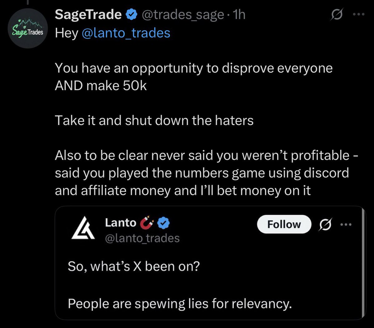 So Lanto has been offered a combined 55k between be and @trades_sage ...