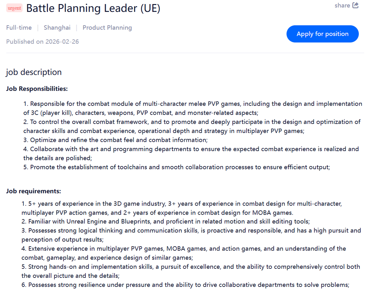 Hypergryph is recruiting game development jobs that involve: UE engine ...