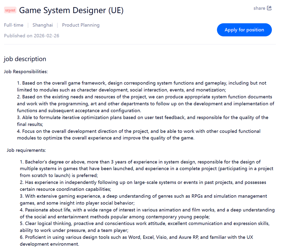 Hypergryph is recruiting game development jobs that involve: UE engine ...