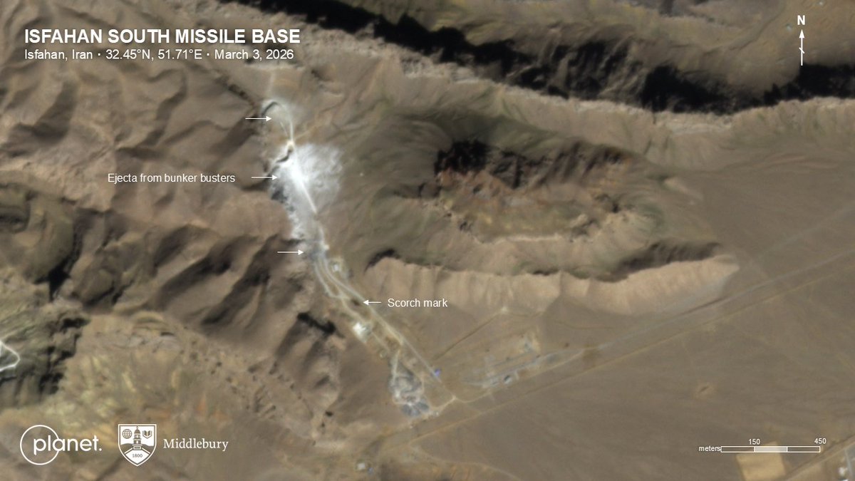 More strikes on Isfahan south missile base Ejecta from bunker buster ...