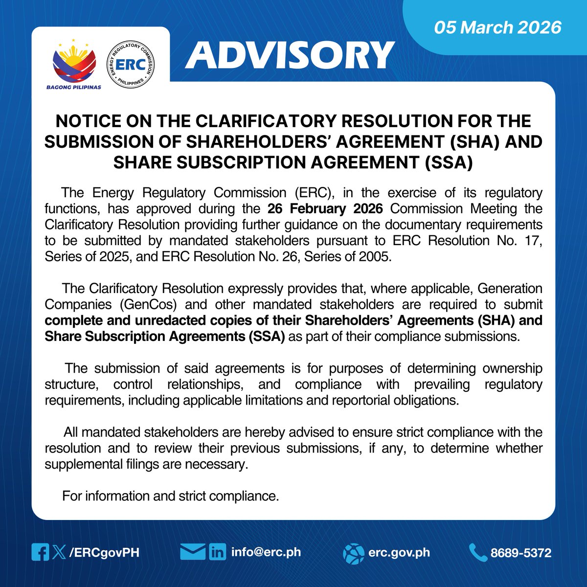 The Energy Regulatory Commission (ERC) issues an advisory regarding the ...