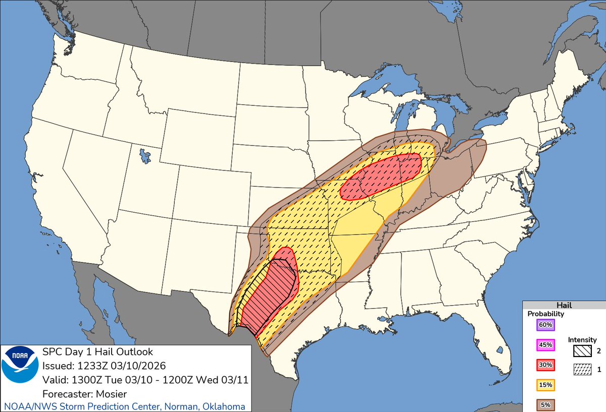 Scattered severe thunderstorms are forecast from the southern Plains to ...