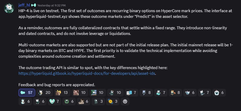 HIP-4 Outcome Markets Live On Testnet! - HIP-4 is now live on testnet ...