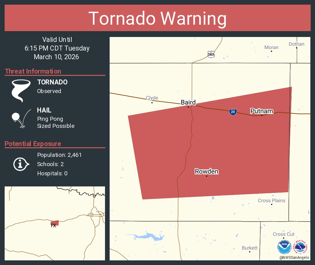 Tornado Warning including Baird TX, Putnam TX and Rowden TX until 6:15 ...