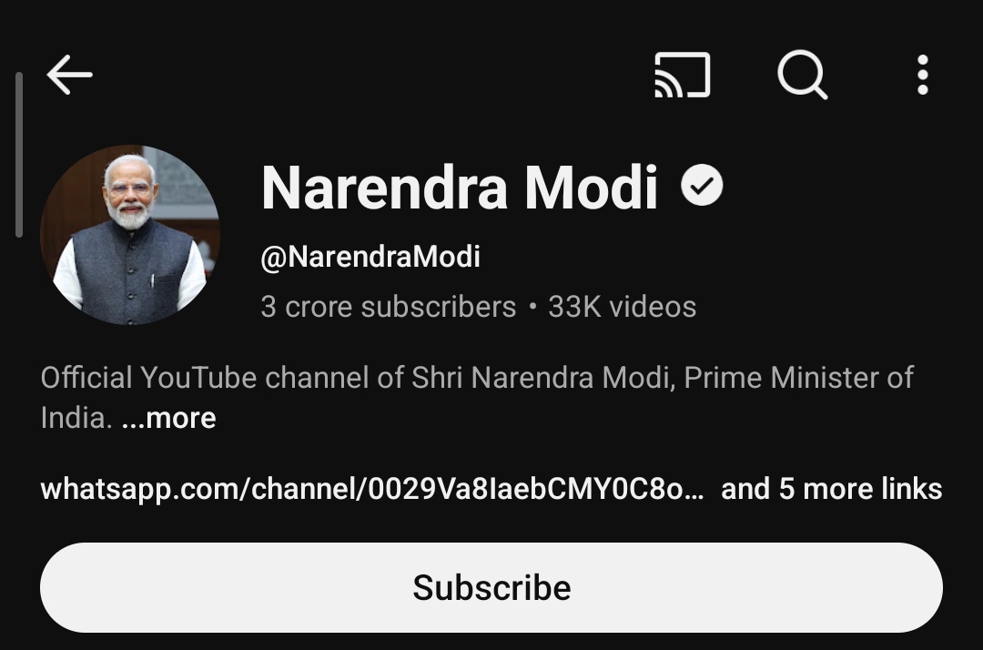 YouTube Channel of PM Shri Narendra Modi ji Subscribers: 3 crore Views ...