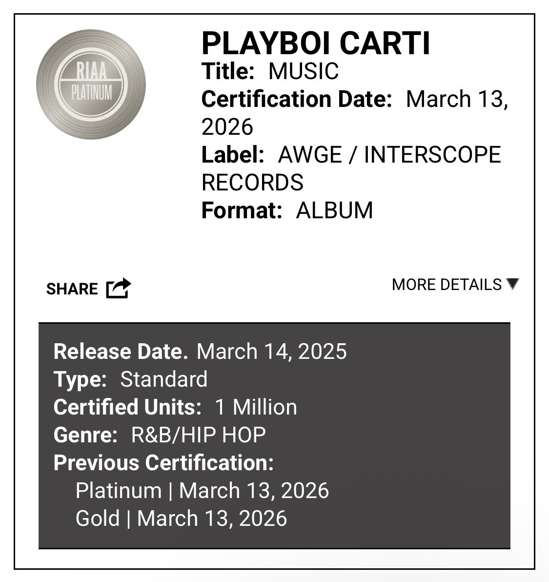 I AM MUSIC CERTIFIED PLATINUM