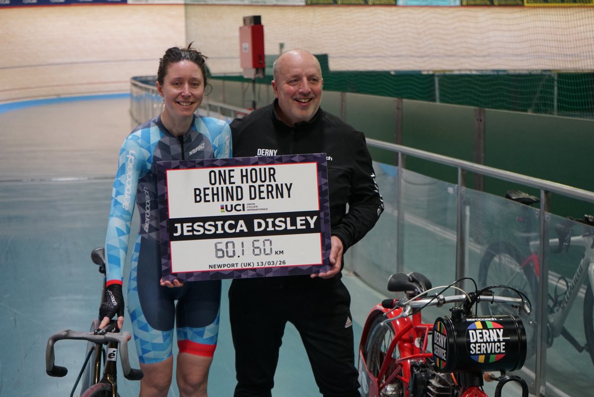 It’s a new @UCI_cycling #hourrecord behind derny for Jessica Disley ...