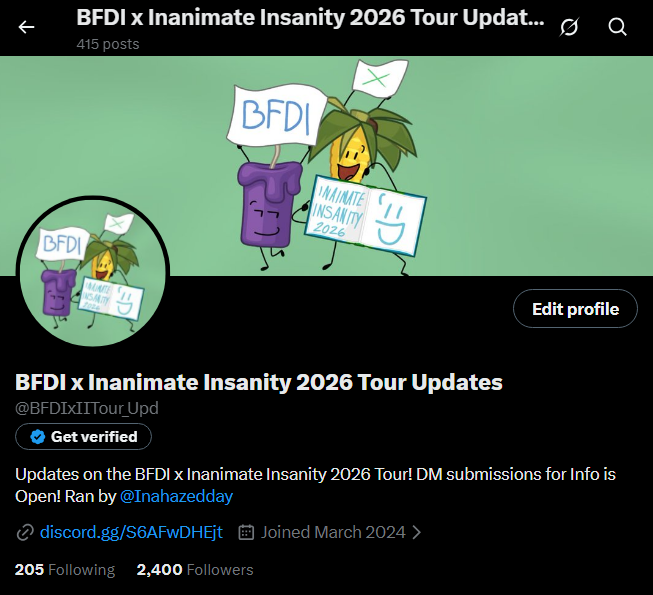 BFDI x Inanimate Insanity 2026 Tour Updates (@BFDIxIITour_Upd) / Posts / X