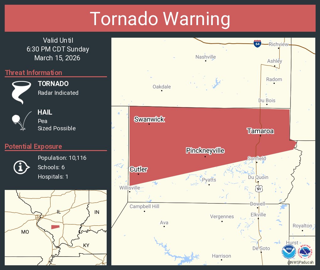Tornado Warning continues for Pinckneyville IL, Tamaroa IL and Cutler ...