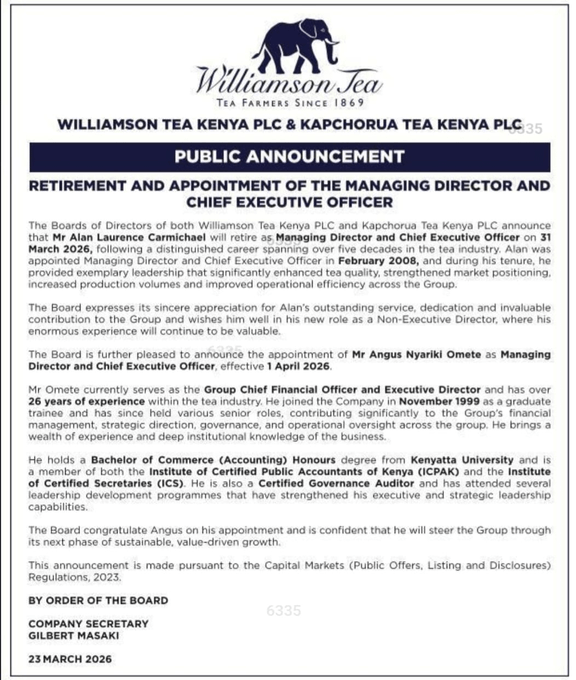 Williamson Tea Kenya Plc has announced a leadership transition: — MD ...
