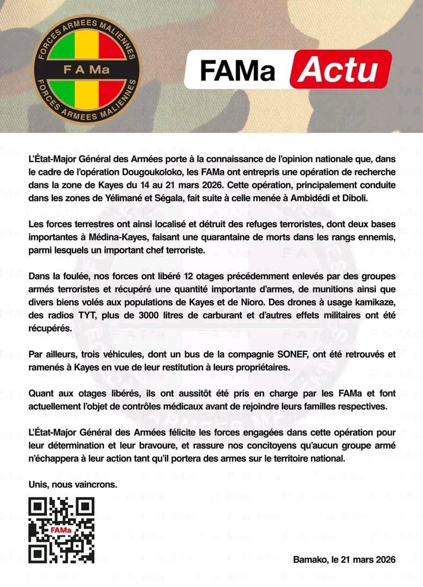 The Malian Armed Forces conducted operations between March 14 and 21 ...