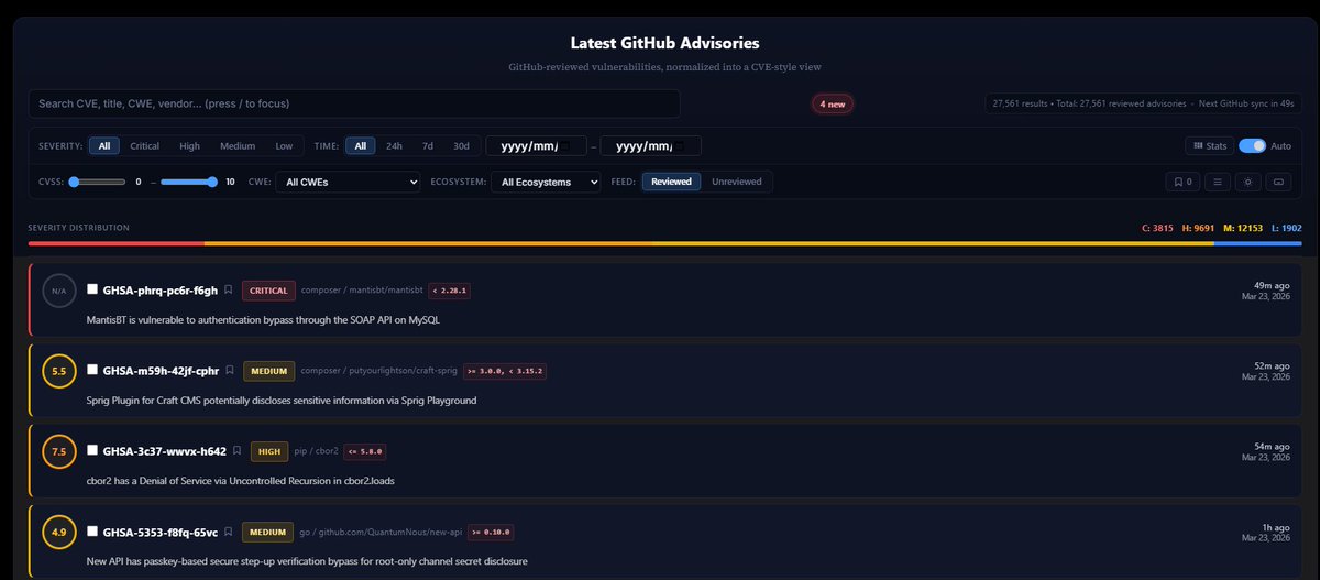 💥 GitHub Advisories feed (currently elite only) has been updated with a ...
